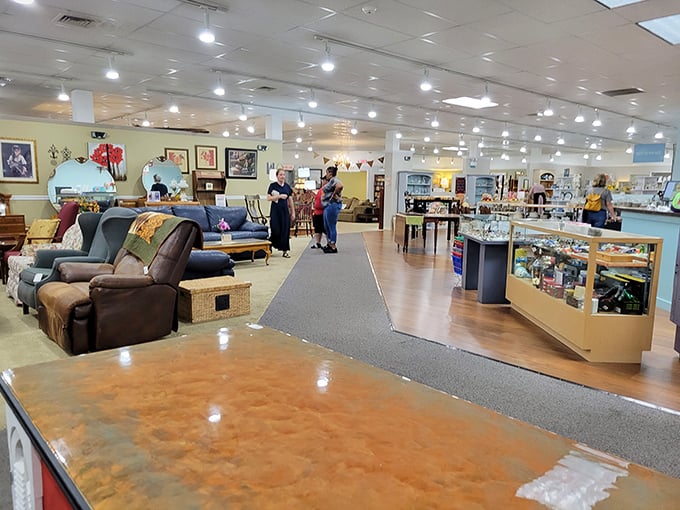 Bargain hunters navigate a sea of furniture possibilities while staff members provide that personal touch missing from big box stores.