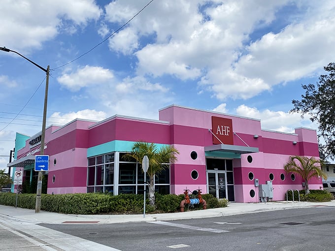 From this angle, the AHF logo proudly displays the store's mission&mdash;proving that retail therapy and community service can share the same stylish address.