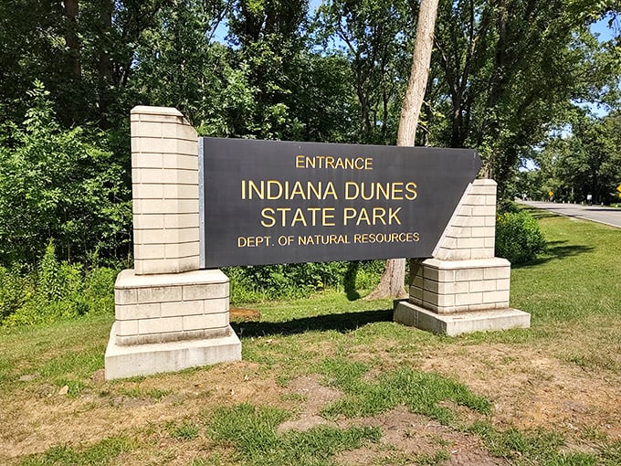 The gateway to Indiana's coastal treasure. This unassuming entrance sign marks the boundary between ordinary life and the extraordinary natural wonder that awaits beyond.