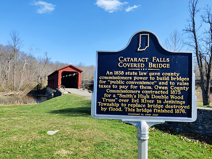 History cast in metal &ndash; this marker reveals the bridge's 1876 origins, when "public convenience" meant something built to last centuries.