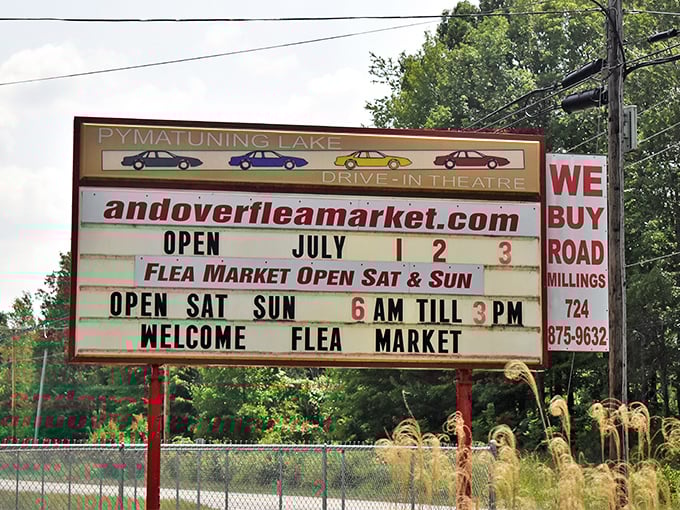 This vintage drive-in marquee now announces bargain-hunting hours instead of movie times. Early birds, take note&mdash;the best finds disappear before breakfast elsewhere. 