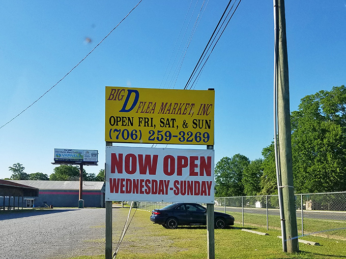 The classic roadside signage serves as your invitation to adventure. Wednesday through Sunday, the treasure hunt is on!