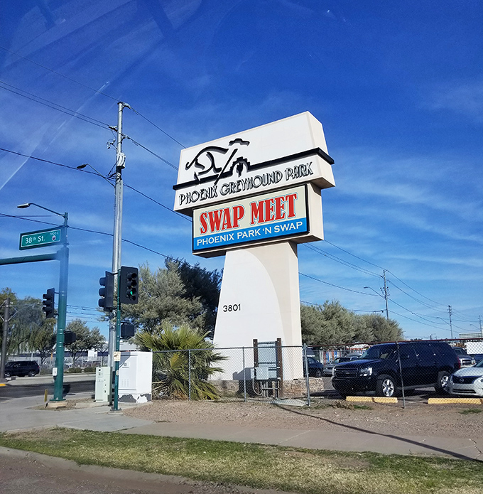 The iconic greyhound silhouette stands sentinel at 38th Street, beckoning bargain hunters and collectors alike to this Phoenix institution.