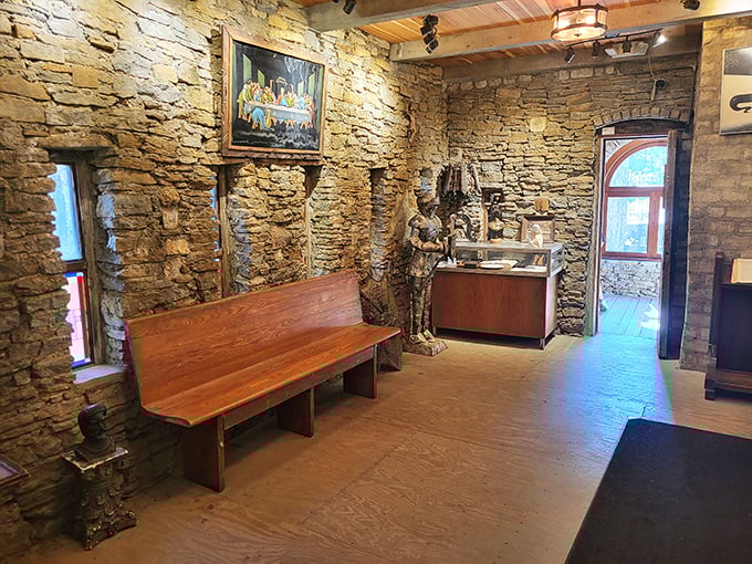 Medieval meets Midwest in this stone-walled gallery where suits of armor stand guard, silently telling tales of a bygone era to wide-eyed visitors.