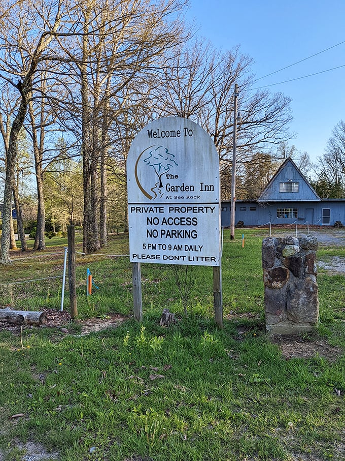 "Private property" signs at The Garden Inn remind us that paradise has boundaries. The perfect neighbor to Bee Rock's public wilderness.