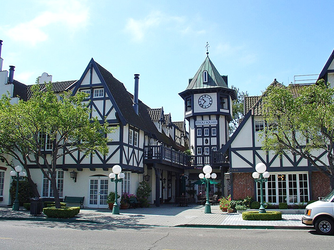 The iconic clock tower at Tivoli Square stands as Solvang's beating heart, surrounded by timber-framed buildings that would make any Dane feel right at home.