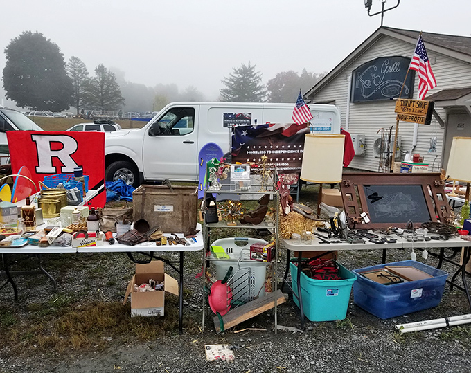 A colorful mosaic of American memorabilia. That Rutgers flag might find itself in a college kid's dorm by sundown.