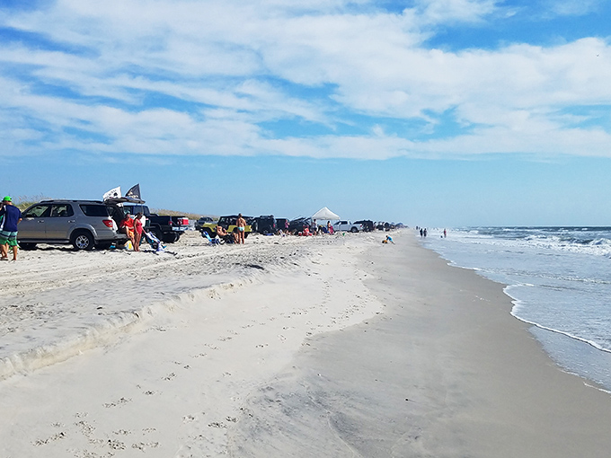 Beach driving paradise where your SUV becomes oceanfront property. Just remember: high tide waits for no minivan.