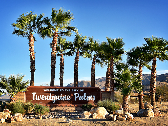 Not just a clever name&mdash;the welcome sign to Twentynine Palms actually features its namesake palms, nature's own exclamation points against that impossibly blue desert sky.