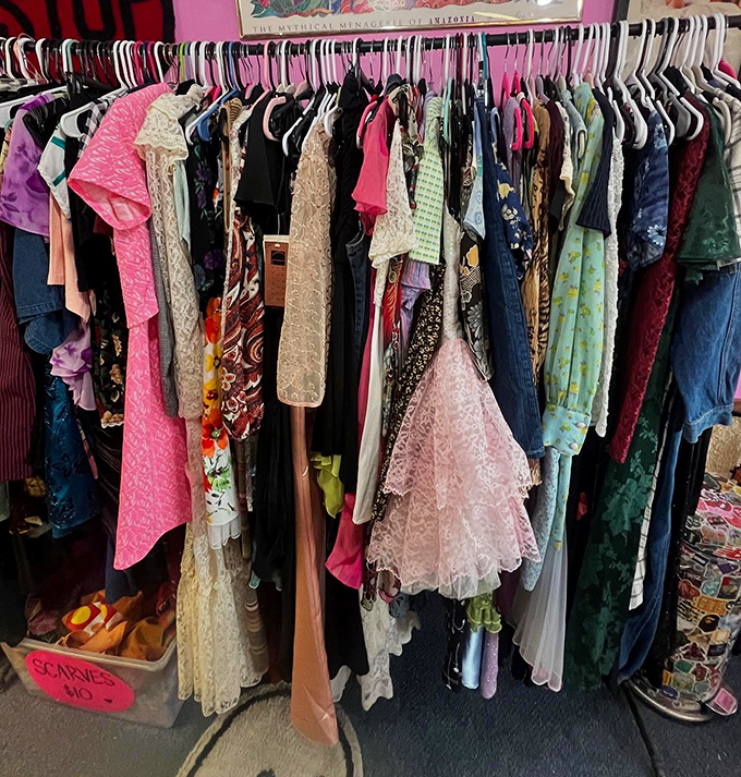 A rainbow of fabrics tells stories from decades past. Each hanger holds not just clothing, but a slice of fashion history.