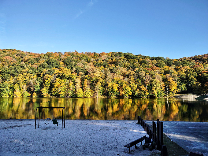 Beach day, Pennsylvania style! The golden hillsides create a natural amphitheater around this pristine swimming spot. Forget the ocean – this is better.