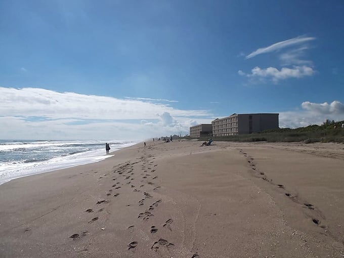 Footprints in the sand tell stories of morning walks and afternoon daydreams on a beach where personal space isn't just a pandemic concept. 
