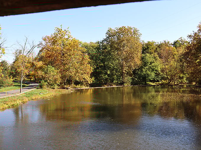 Marsh Creek flows peacefully beneath the bridge, reflecting autumn's golden palette. The same waters witnessed soldiers crossing during the Civil War's pivotal battle.
