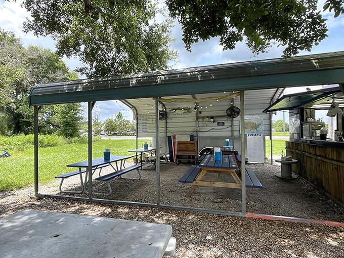 Picnic tables under a simple metal roof&mdash;Florida's version of five-star dining when the food is this good. No white tablecloths required.