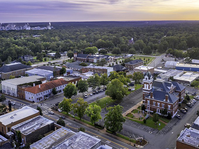 From above, Sandersville reveals itself as a perfect patchwork quilt of history, greenery, and community, centered around its iconic courthouse.