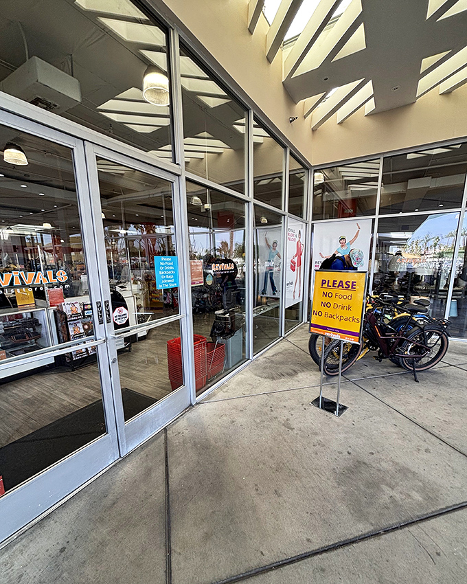 The entrance beckons with promises of retail adventure&mdash;just remember to leave your snacks, drinks, and backpacks behind for this treasure hunt.