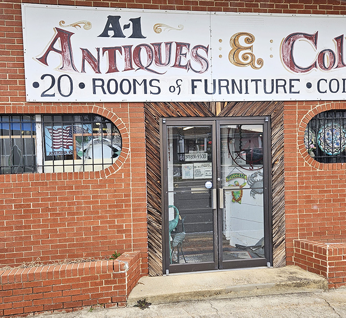 Step through these doors and prepare for a time-traveling adventure. The diagonal wood trim frames an entrance to yesterday's treasures.