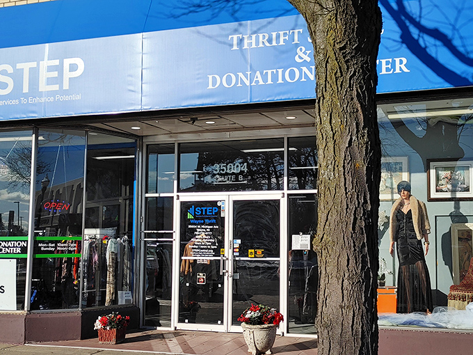 Blue signage announces your arrival at thrift paradise. Like a portal to another dimension where yesterday's discards become tomorrow's treasures.