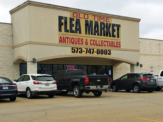 Rain or shine, the Old Time Flea Market beckons treasure hunters with its bold signage. The parking lot's always busy&mdash;a universal sign you've found somewhere special. 
