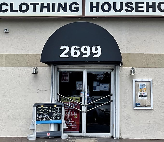 The entrance beckons with promises of 25% off deals. In the thrift store universe, this doorway is basically a portal to retail therapy paradise.