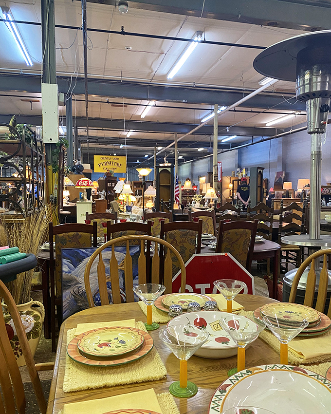 Dinner is served—on yesterday's finest china! This elegant table setting showcases colorful vintage dishware that would make Grandma proud.