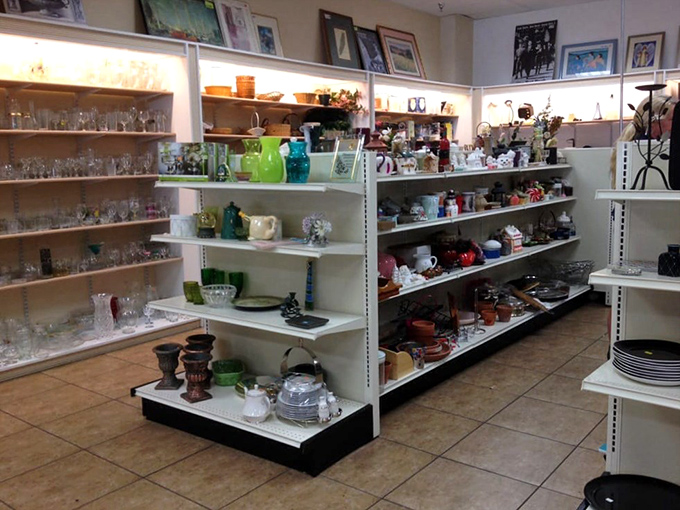 Crystal glasses and colorful ceramics transform ordinary shelves into a rainbow of dining possibilities.