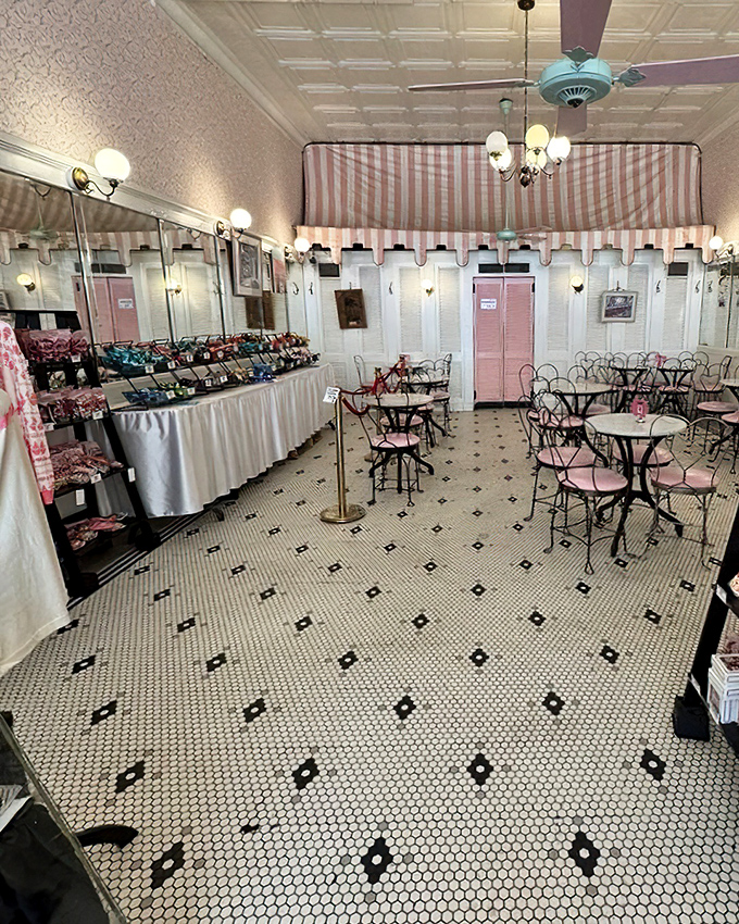 Step into a cotton candy dreamscape where vintage charm meets ice cream perfection. That hexagonal tile floor has witnessed generations of sugar-induced joy.