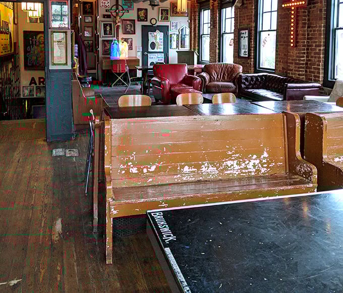 Church pews meet cocktail culture in this wonderfully weird fusion of sacred and social.