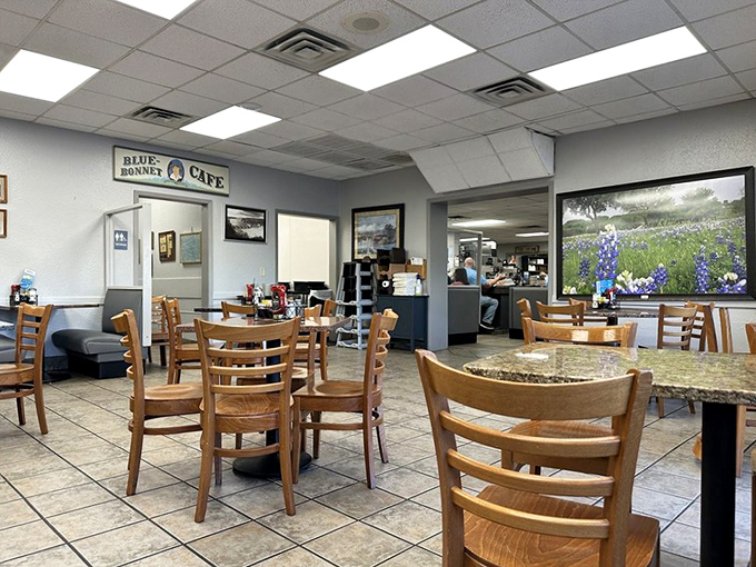 Simple, clean, and unpretentious&mdash;the dining room at Blue Bonnet Cafe isn't trying to impress you with fancy decor. The magic happens on your plate, not on the walls.