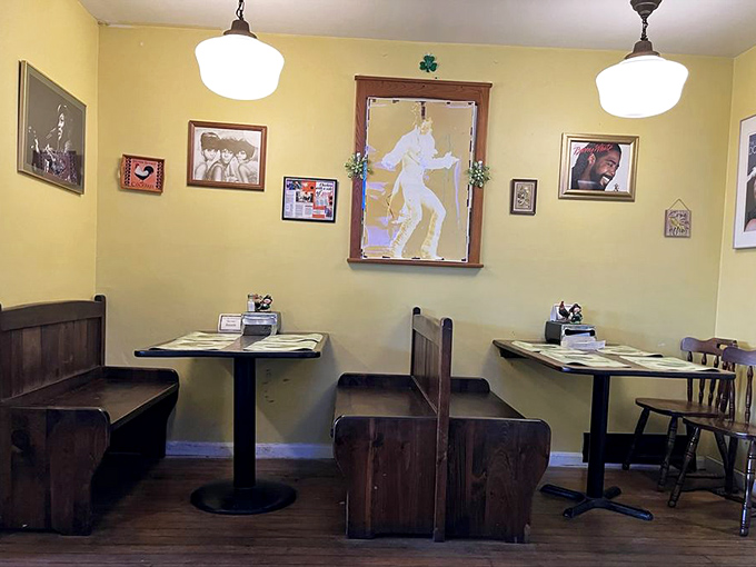 Step inside where yellow walls and vintage photos create the perfect backdrop for serious chicken business.