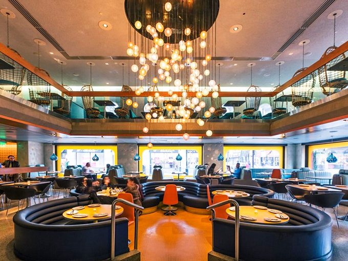 Circular booths and that show-stopping chandelier create a mod wonderland where James Bond would feel right at home ordering his martini.