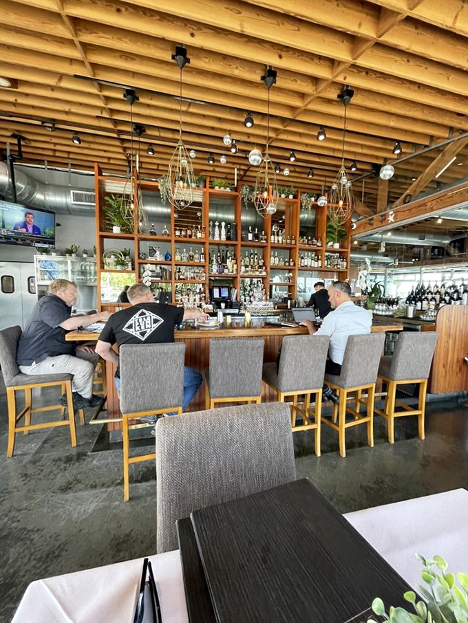 Exposed wooden beams and a well-stocked bar create the perfect backdrop for ocean-gazing and cocktail-sipping &ndash; California coastal dining at its finest.