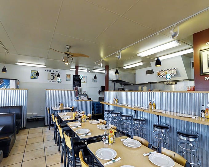 Corrugated metal meets classic diner aesthetics inside Don's, where every stool at the counter has probably heard more local stories than the town library.