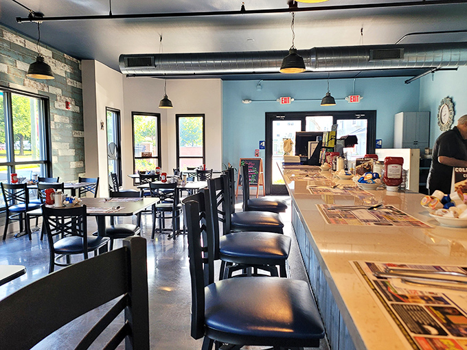 The interior strikes that perfect balance&mdash;industrial chic meets hometown comfort, with counter seating that invites solo diners and morning paper readers.