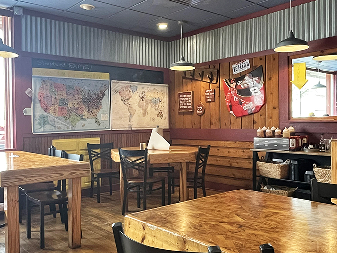 Maps on the walls track barbecue pilgrims who've made the journey to this Springfield shrine. Wood paneling and corrugated metal&mdash;the universal language of serious smoke.