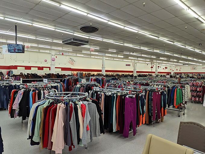 A sea of clothing racks stretches to the horizon, promising fashion adventures where your wallet won't need therapy afterward.