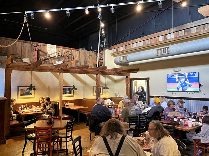 Inside, rustic wooden beams and warm lighting create that perfect "I've discovered something special" atmosphere where BBQ dreams come true. 