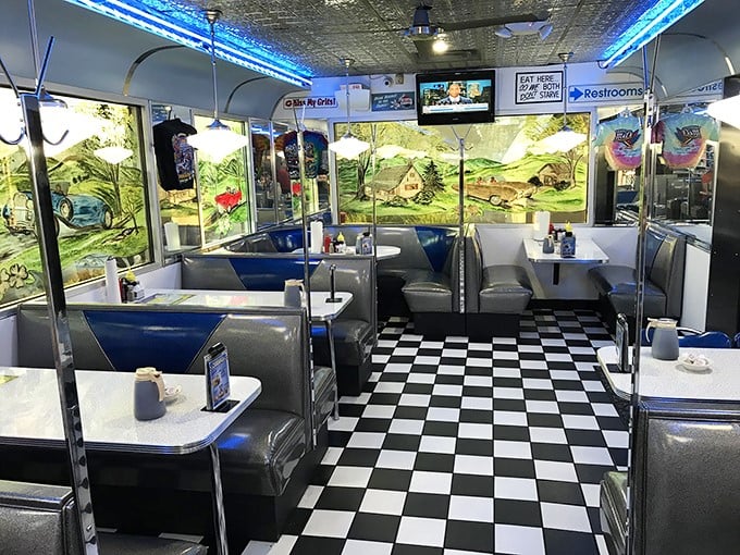Step inside and the checkered floor practically demands you do the twist, while blue vinyl booths cradle you like a hug from your favorite aunt.