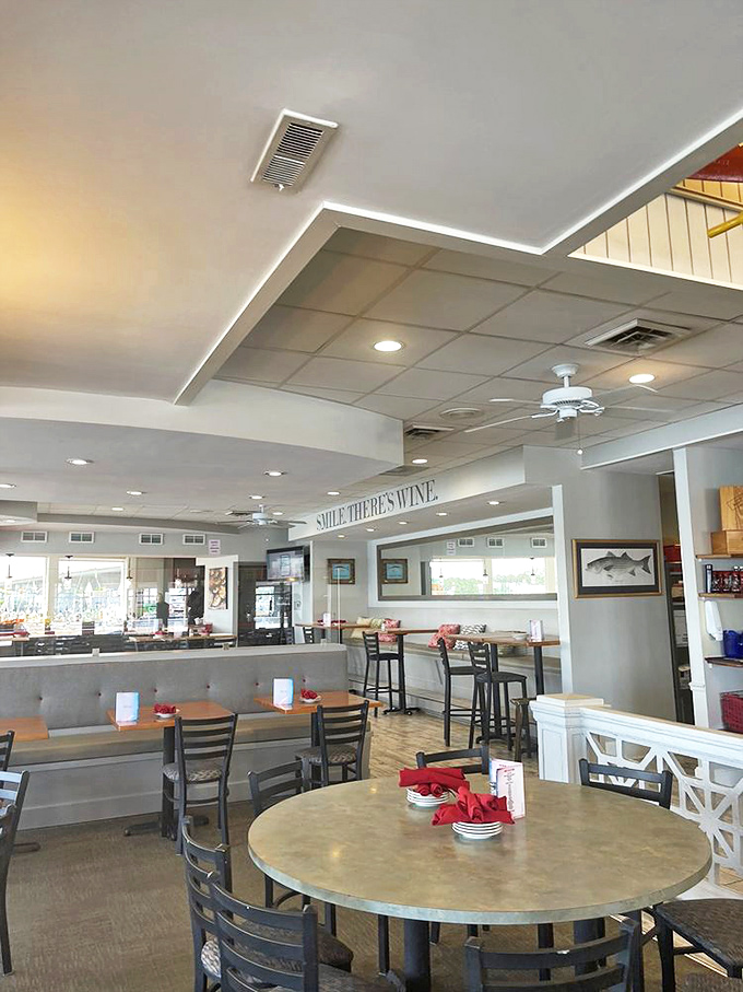 "SMILE THERE'S WINE" isn't just a sign&mdash;it's a life philosophy that perfectly captures the laid-back elegance of The Narrows' bright, airy dining room.