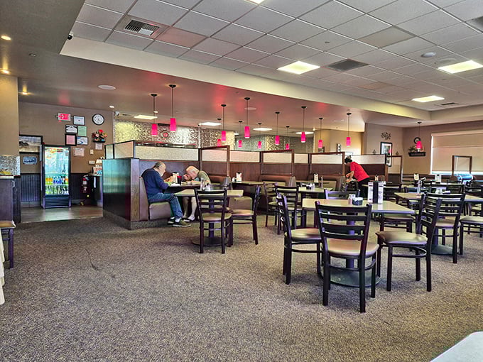 Classic diner ambiance with a touch of California casual. Those pendant lights have witnessed countless first dates, family celebrations, and solo diners finding solace in perfect pancakes.