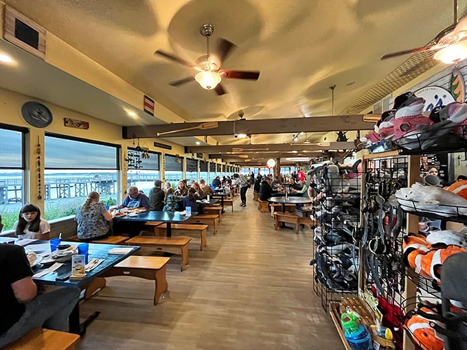 Inside, wooden benches and nautical charm create the perfect backdrop for seafood feasting. The restaurant's long dining room invites you to settle in for a proper coastal meal.