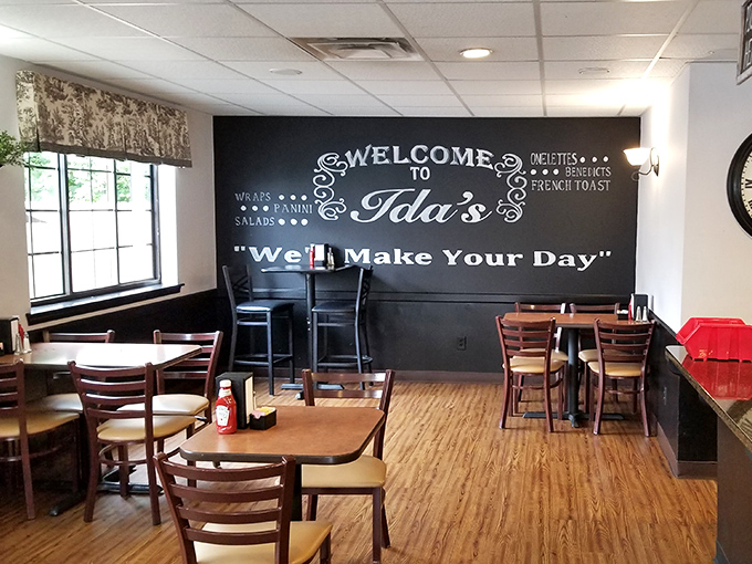 That chalkboard wall doesn't lie&mdash;Ida's will indeed make your day with its warm wooden floors and promise of comfort food ahead.