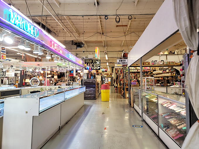 Corridors of possibility stretch before you, lined with glass display cases and colorful signage. Each storefront represents a small business with big dreams.