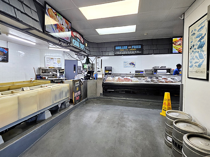 Inside, it's all business &ndash; gleaming display cases filled with ocean treasures that were likely swimming just hours before they met your plate.