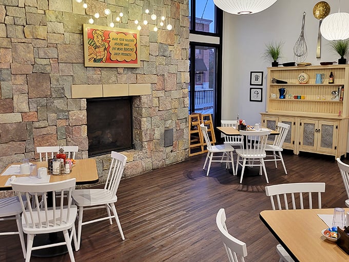 Where stone meets warmth&mdash;this fireplace isn't just architectural eye candy, it's the soul of the dining room.