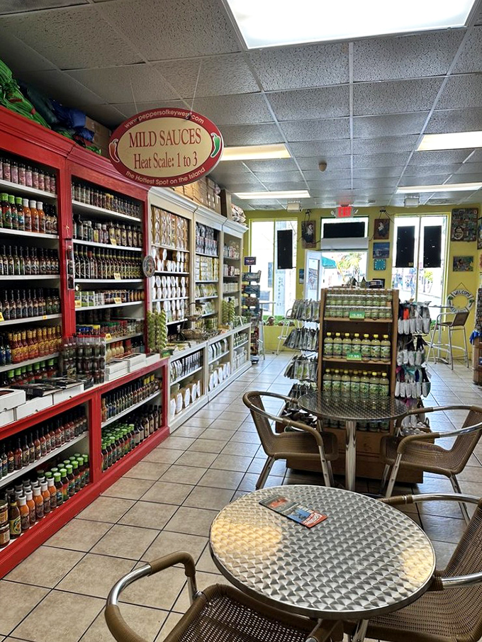 Inside, shelves lined with hot sauces and tropical treats create a colorful backdrop for the main event &ndash; those legendary pies.