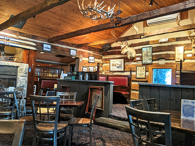 Step inside and time slows down. Antler chandeliers cast warm light over authentic log walls where mounted trophies silently testify to Pennsylvania's hunting heritage.