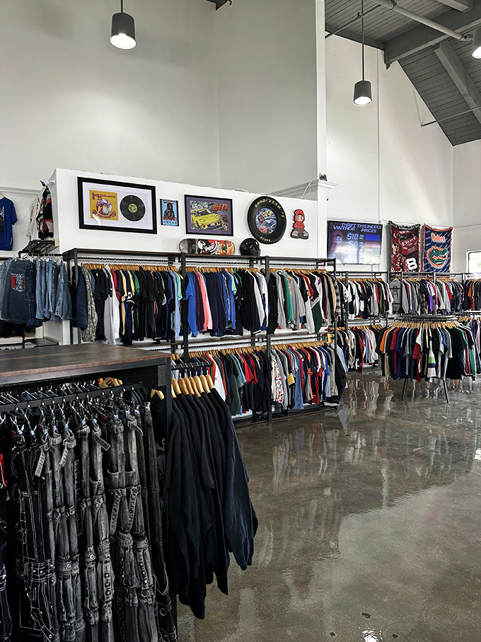Inside, polished concrete floors and industrial lighting create a boutique atmosphere that's more high-end gallery than typical thrift store jumble.