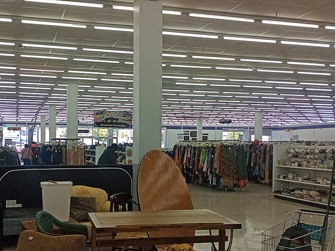 Endless fluorescent lighting illuminates a sea of possibilities &ndash; furniture finds and clothing racks stretching toward retail infinity. 
