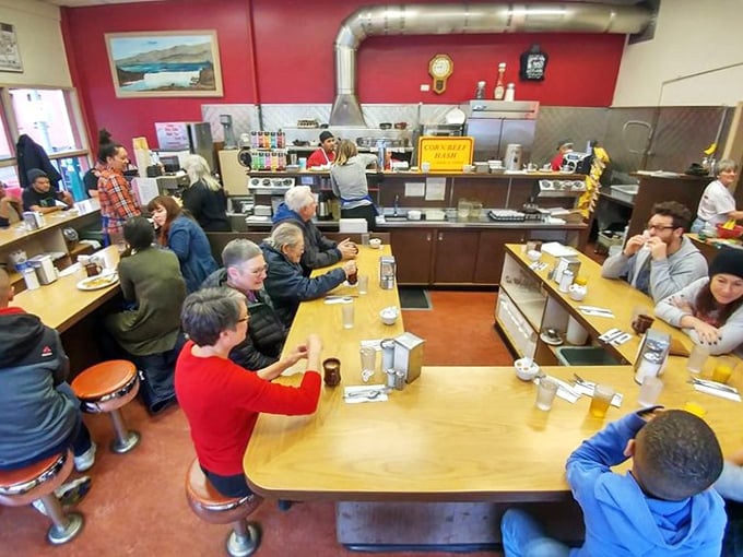 Democracy in breakfast form: the horseshoe counter where CEOs and construction workers rub elbows over coffee and conversation.